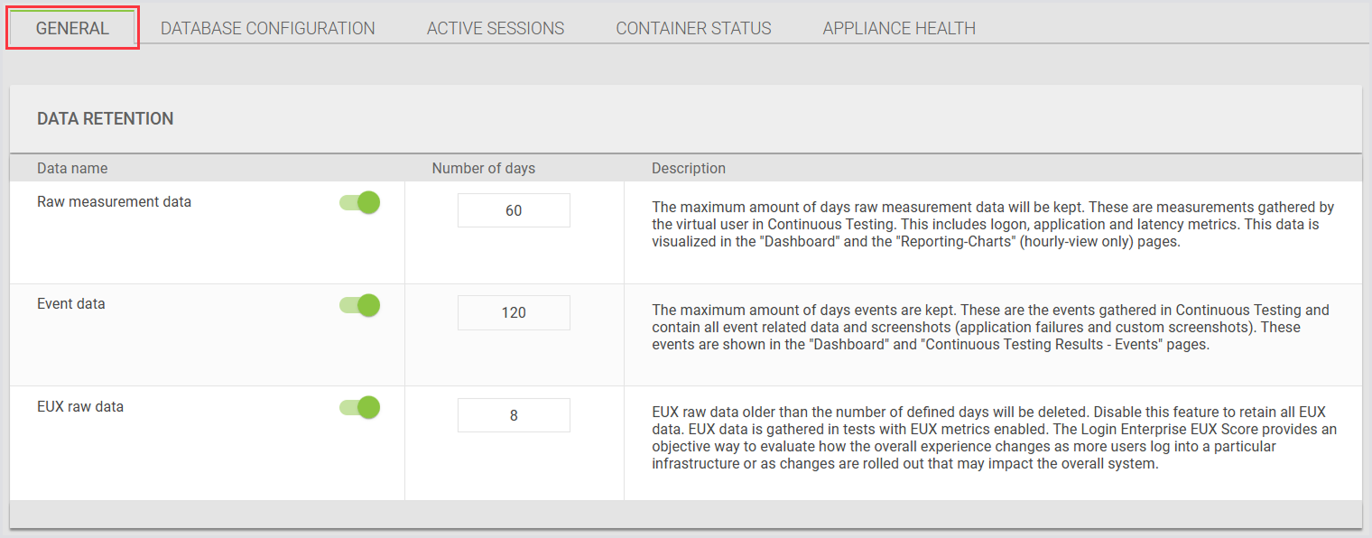Data retention for database usage – Login VSI